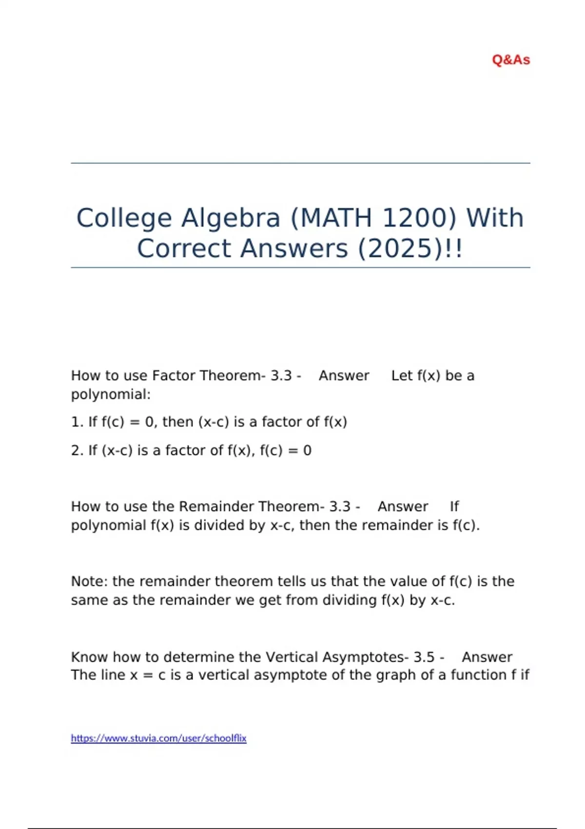 College Algebra (MATH 1200) With Correct Answers (2025)!! - MATH 1200 ...