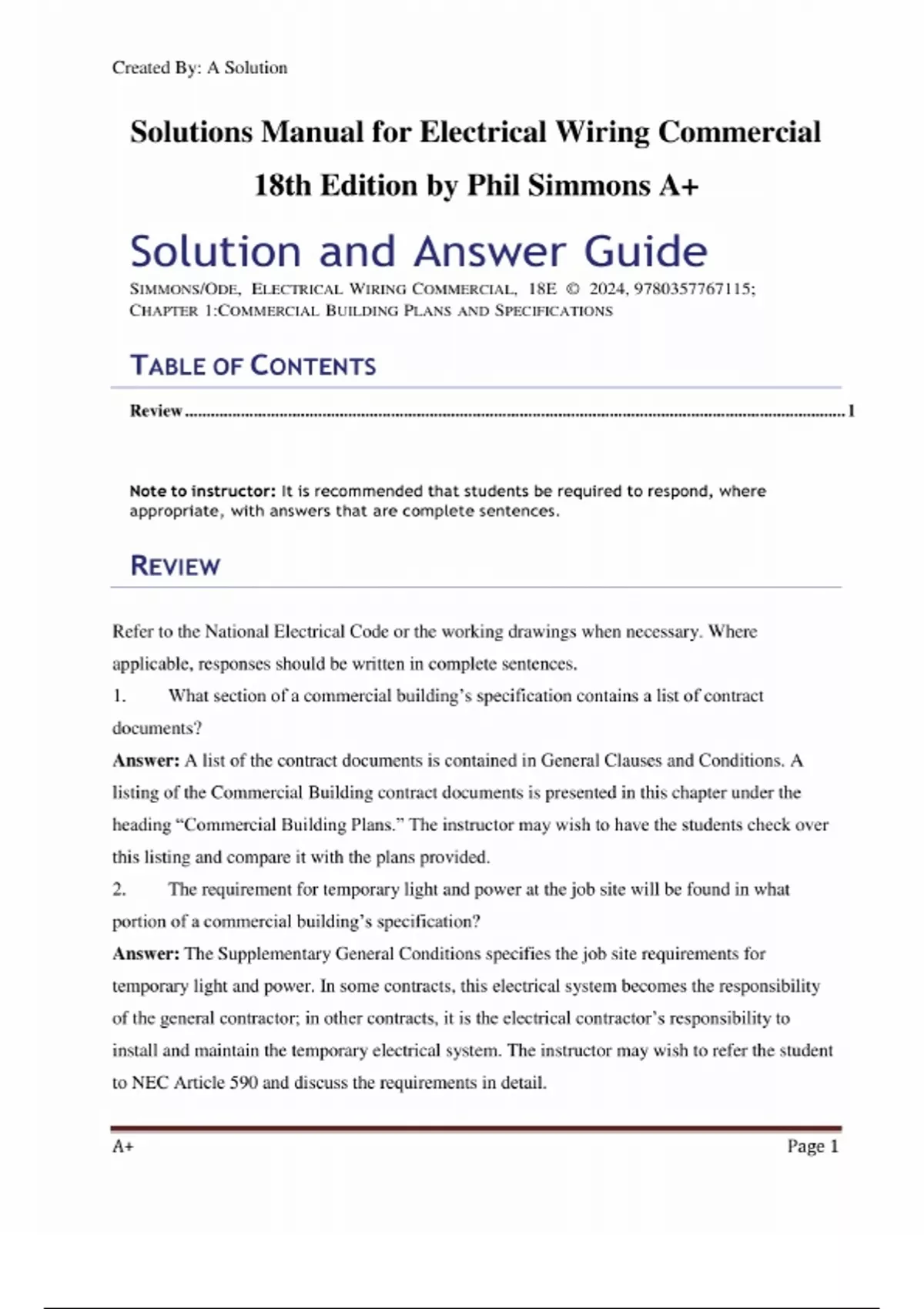 Solution and Answer Guide Electrical Wiring Commercial 18th Edition by ...
