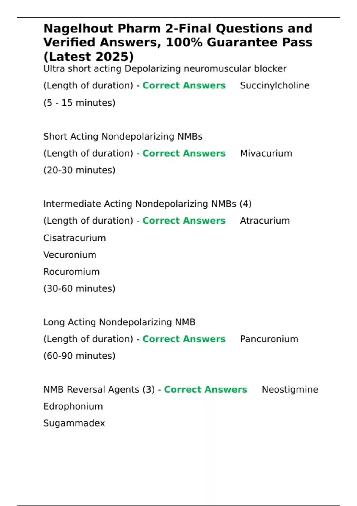 Nagelhout Pharm 2-Final Questions and Verified Answers, 100- Guarantee ...