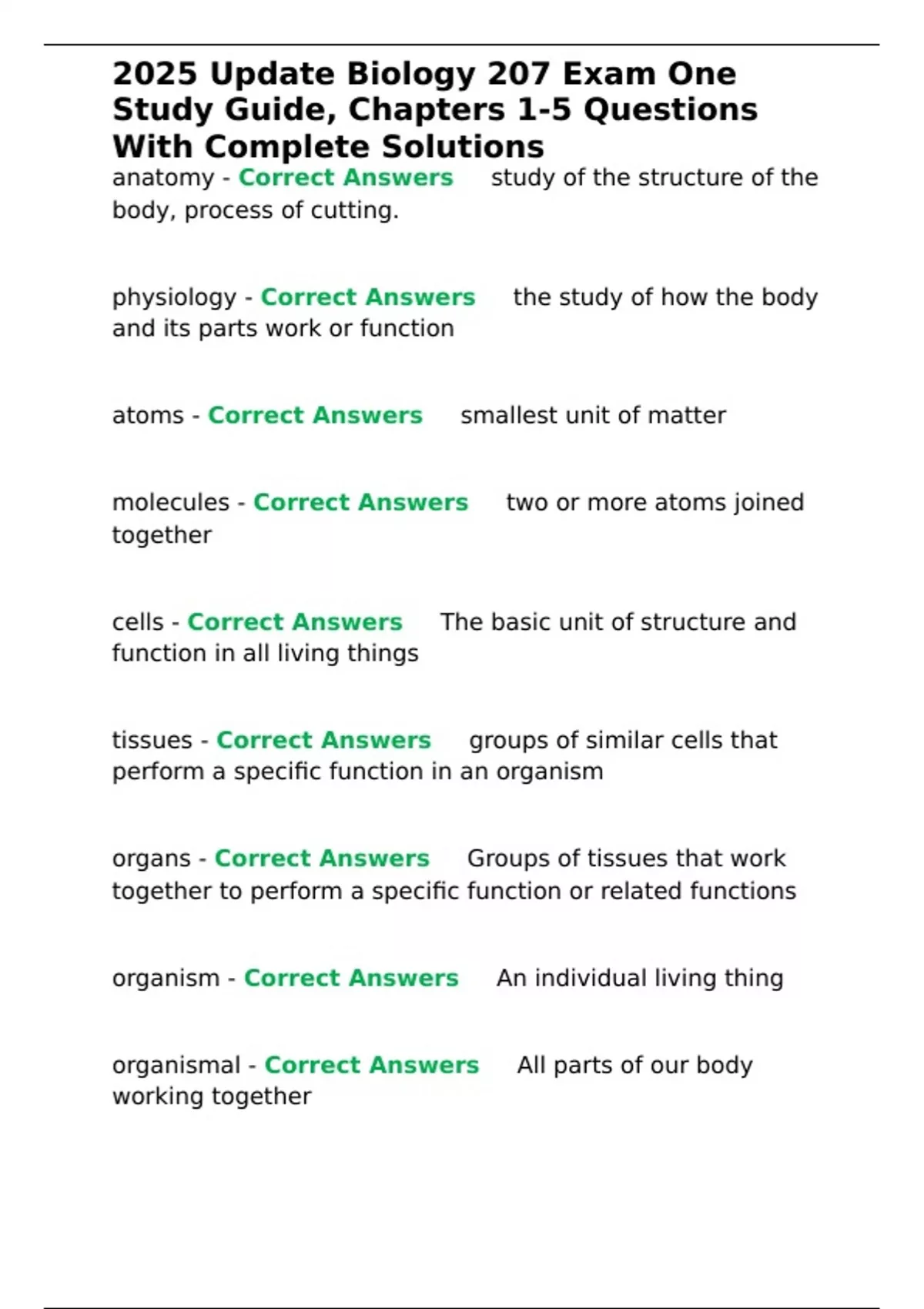 2025 Update Biology 207 Exam One Study Guide, Chapters 1-5 Questions ...