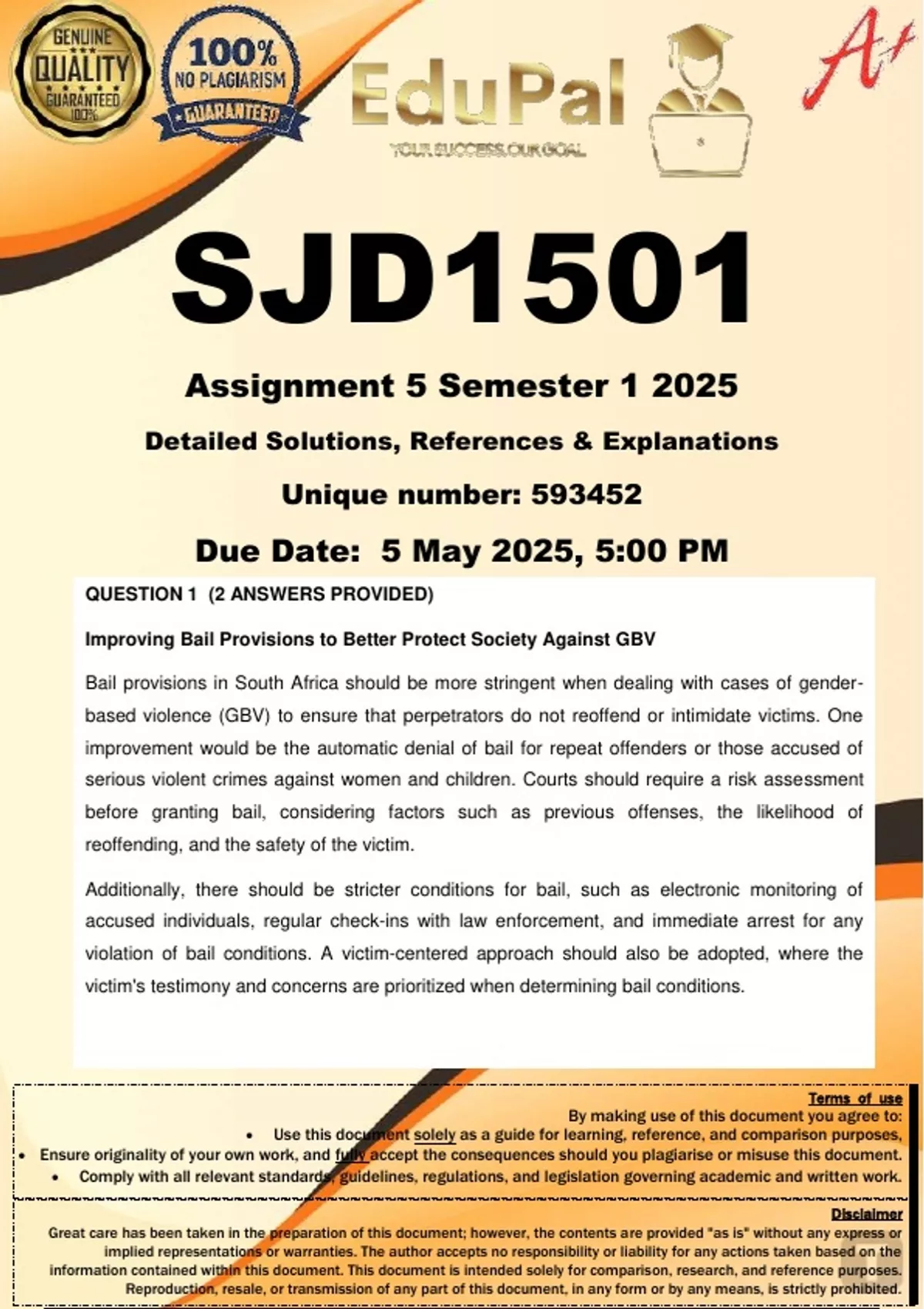 SJD1501 Assignment 5 (COMPLETE ANSWERS) Semester 1 2025 (593452) - DUE ...