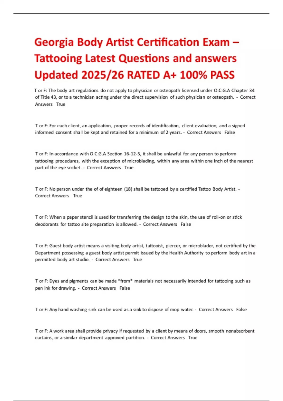 Georgia Body Artist Certification Exam – Tattooing Latest Questions and ...