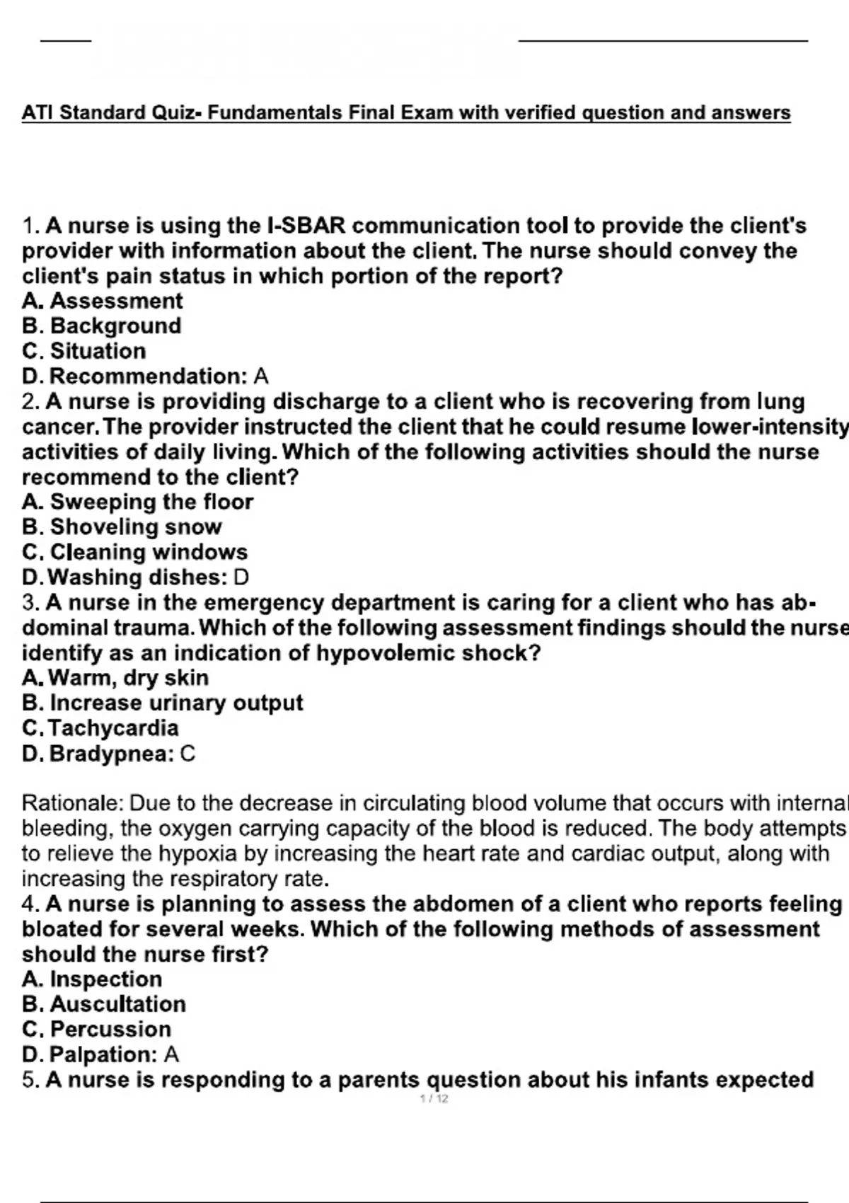 ATI Standard Quiz- Fundamentals Final Exam with verified question and ...