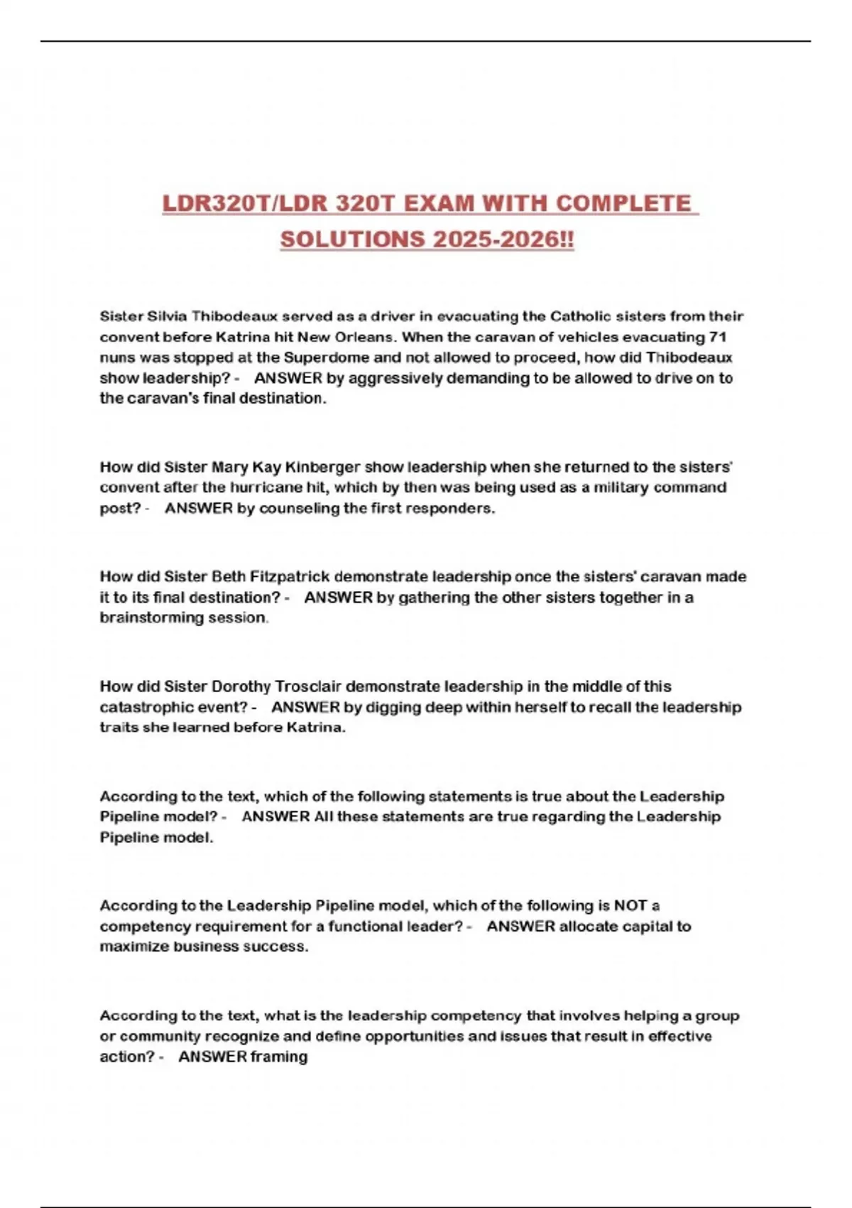 LDR320T/LDR 320T EXAM WITH COMPLETE SOLUTIONS !! - LDR320T/LDR 320T - Stuvia US