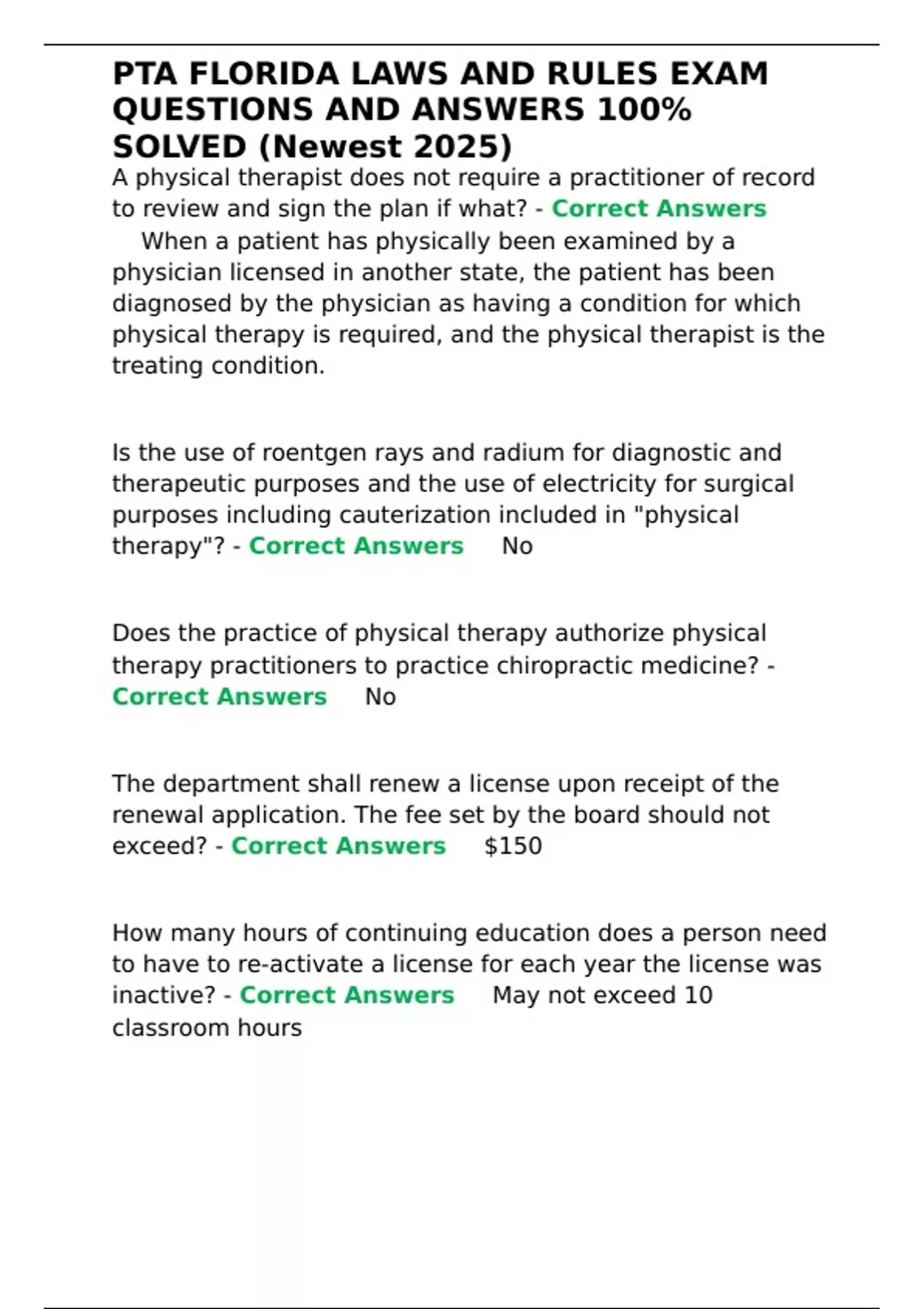 Summary PTA FLORIDA LAWS AND RULES EXAM QUESTIONS AND ANSWERS 100 ...