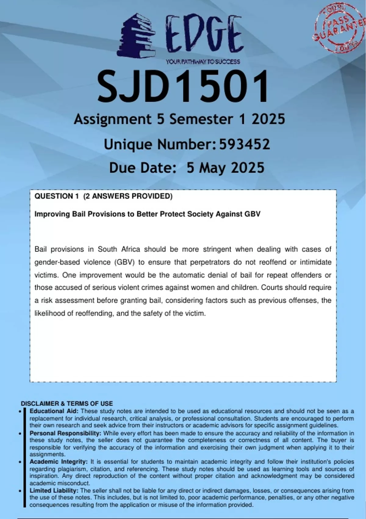 SJD1501 Assignment 5 (ANSWERS) Semester 1 2025 - DISTINCTION GUARANTEED ...