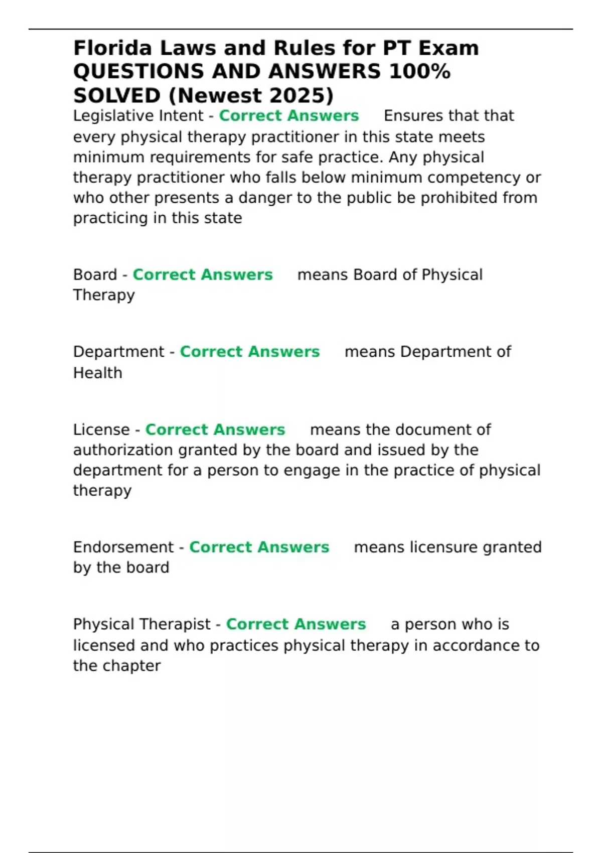 Florida Laws and Rules for PT Exam QUESTIONS AND ANSWERS 100- SOLVED ...