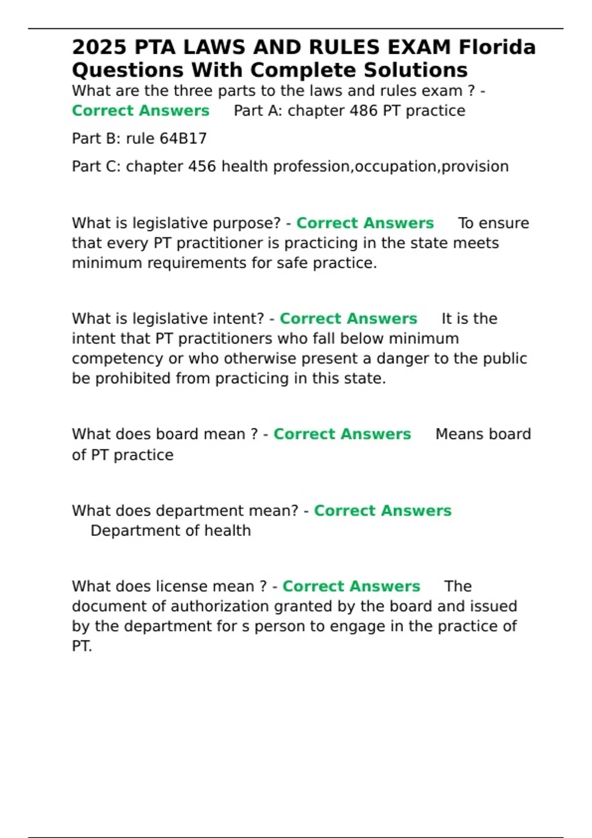 2025 PTA LAWS AND RULES EXAM Florida Questions With Complete Solutions ...