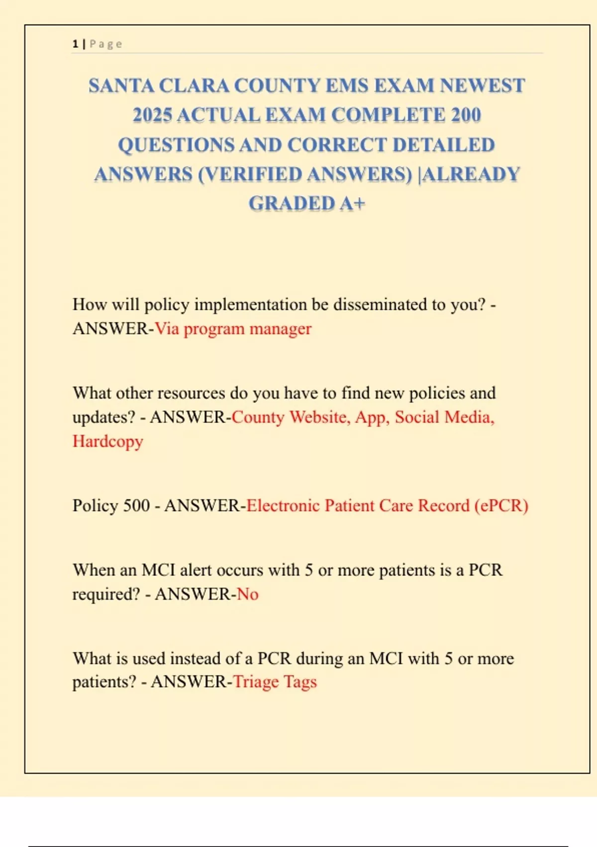 SANTA CLARA COUNTY EMS EXAM NEWEST 2025 ACTUAL EXAM COMPLETE 200 ...