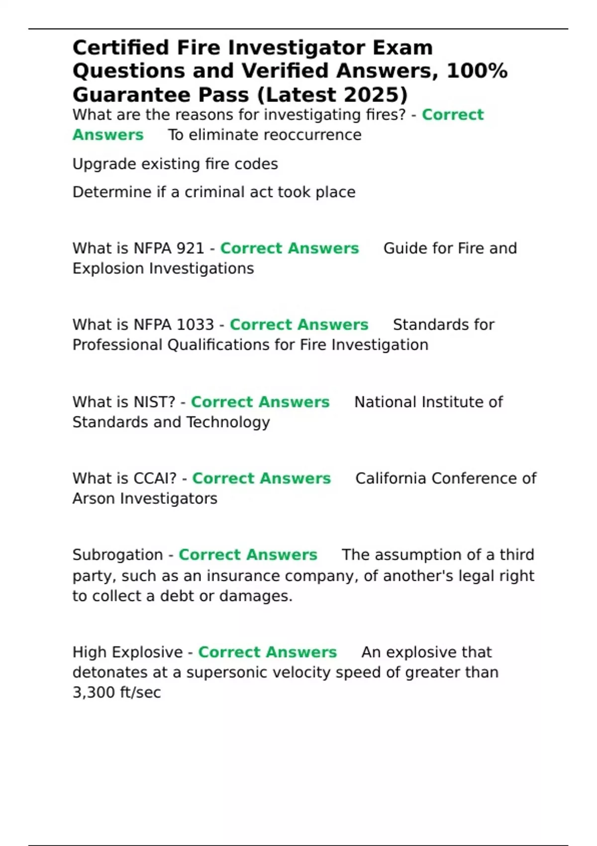 Certified Fire Investigator Exam Questions & Verified Answers, 100 ...