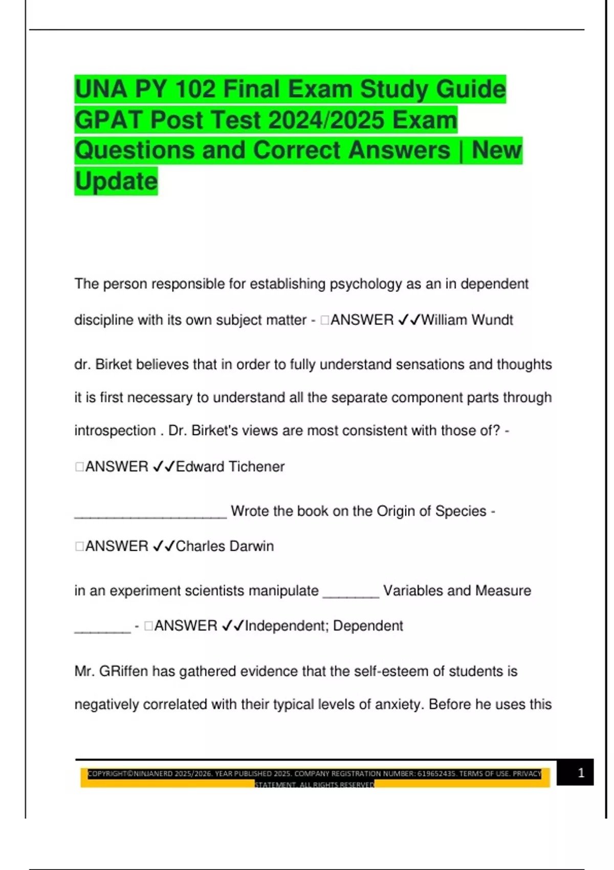 UNA PY 102 Final Exam Study Guide GPAT Post Test 2024/2025 Exam ...