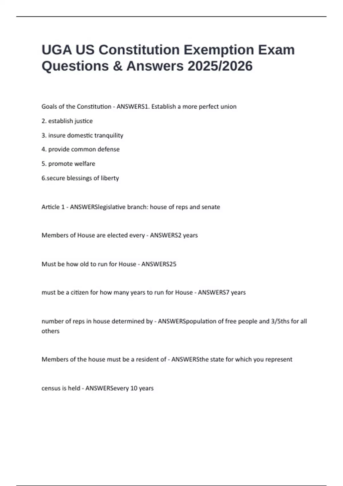 UGA US Constitution Exemption Exam Questions & Answers 2025/2026 - UGA US Constitution Exemption ...