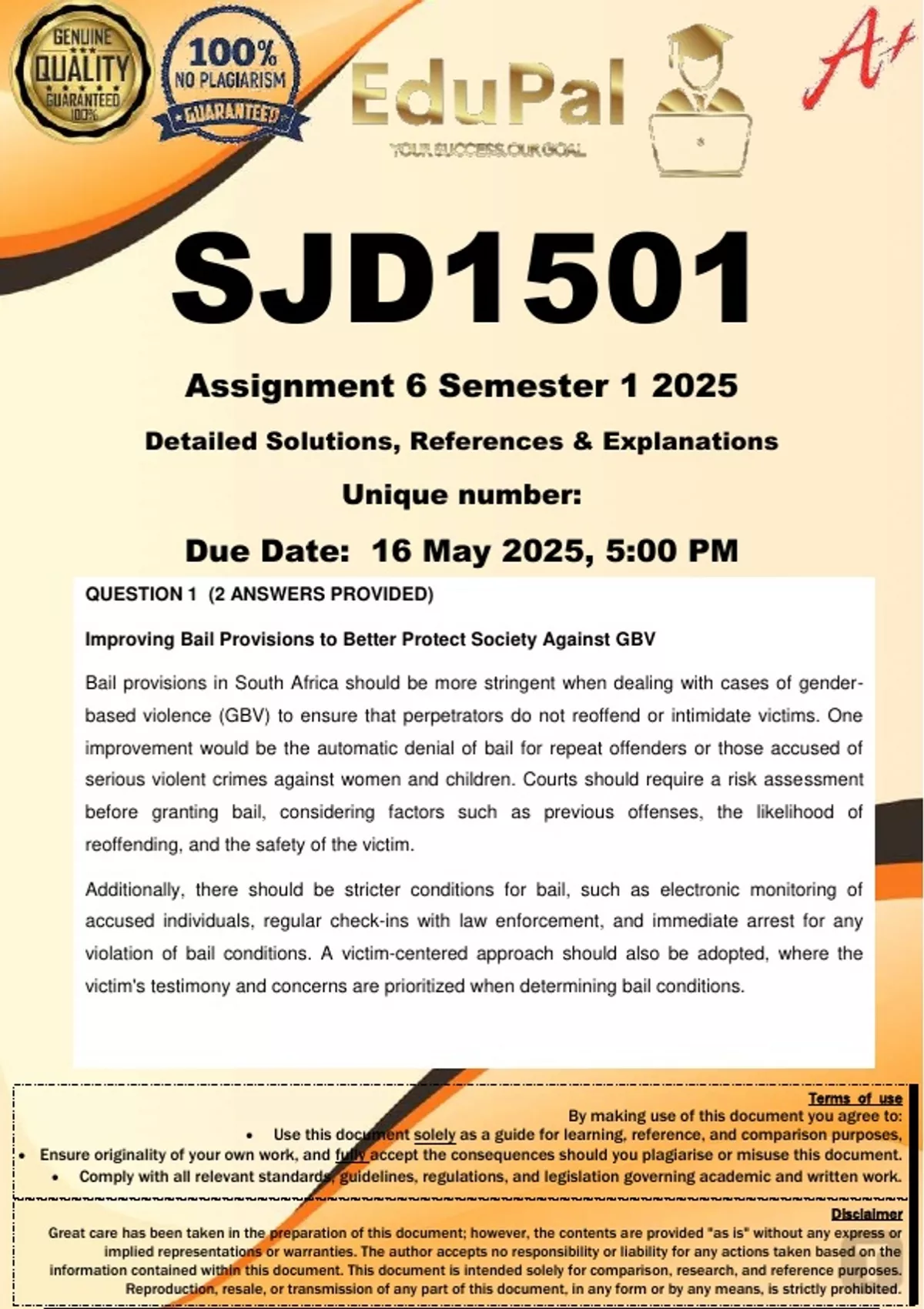 SJD1501 Assignment 6 (COMPLETE ANSWERS) Semester 1 2025 - DUE 16 May ...