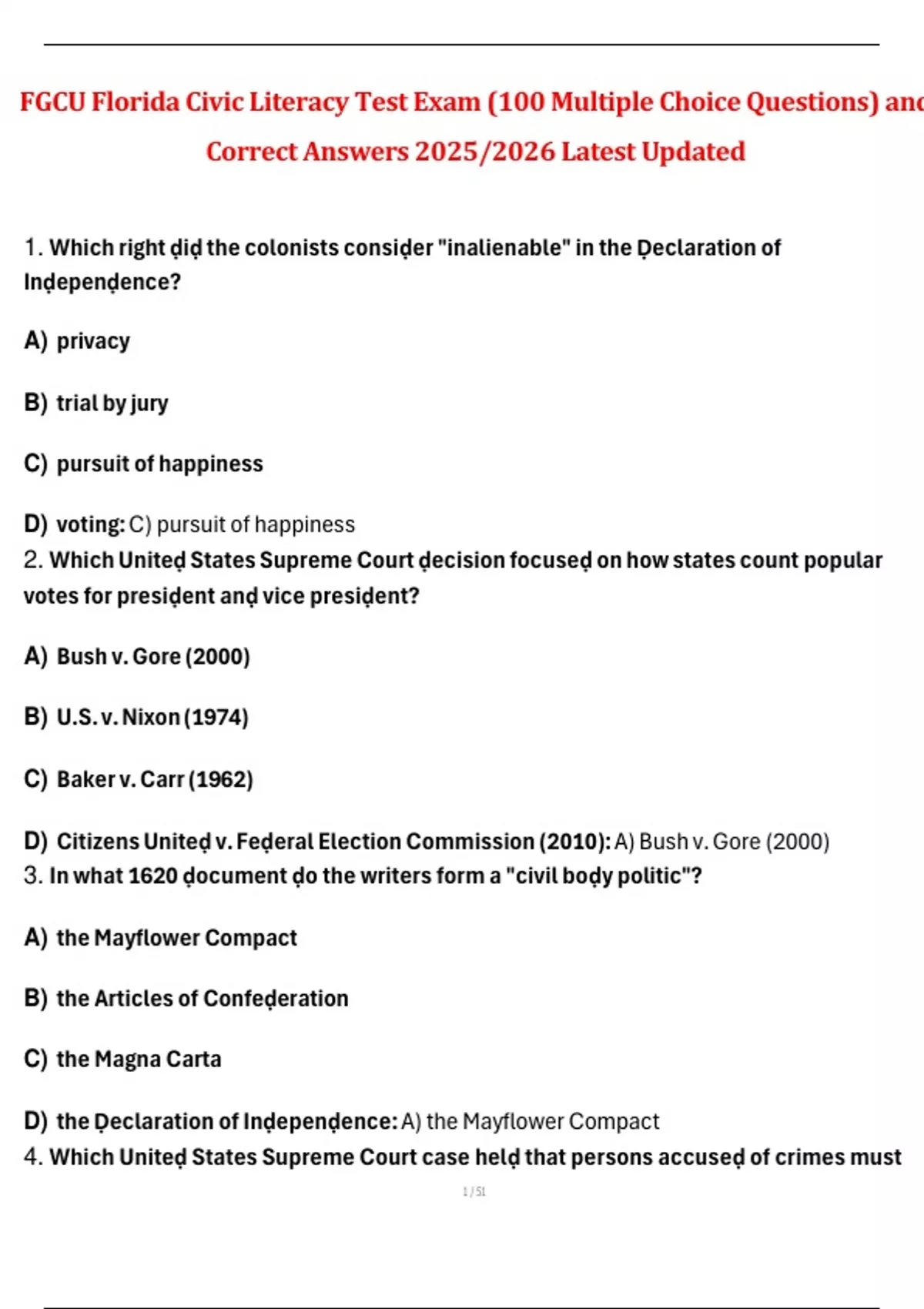 FGCU Florida Civic Literacy Test Exam (100 Multiple Choice Questions ...