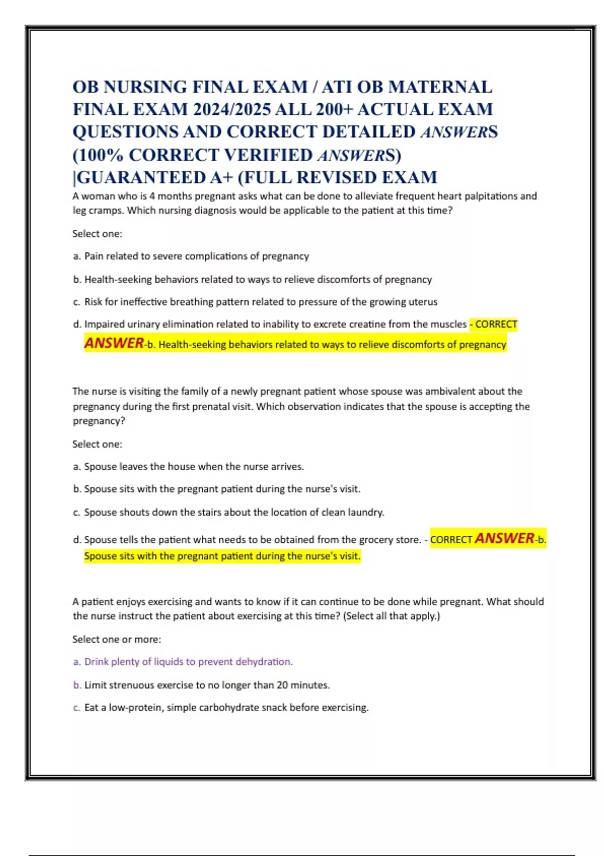 OB NURSING FINAL EXAM / ATI OB MATERNAL FINAL EXAM 2024/2025 ALL 200 ...