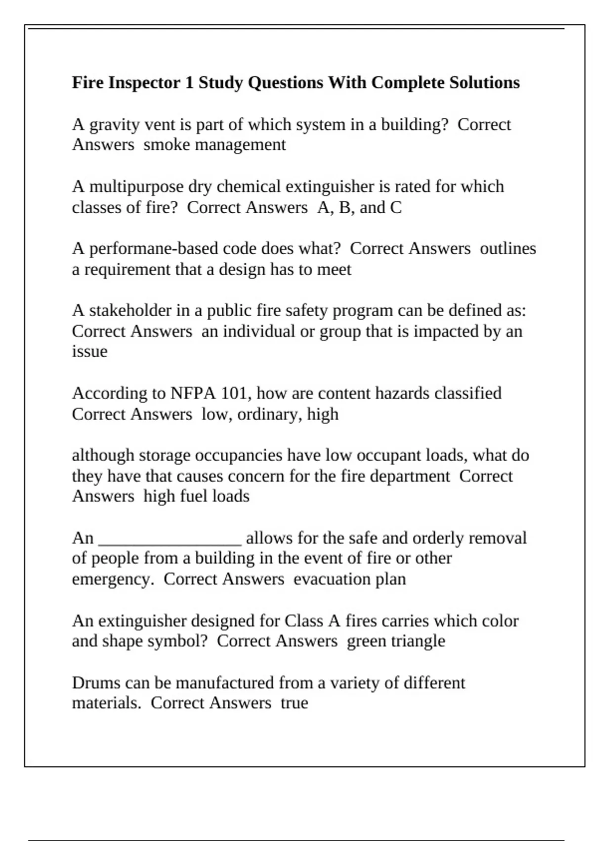 Fire Inspector 1 Study Questions With Complete Solutions - Fire ...