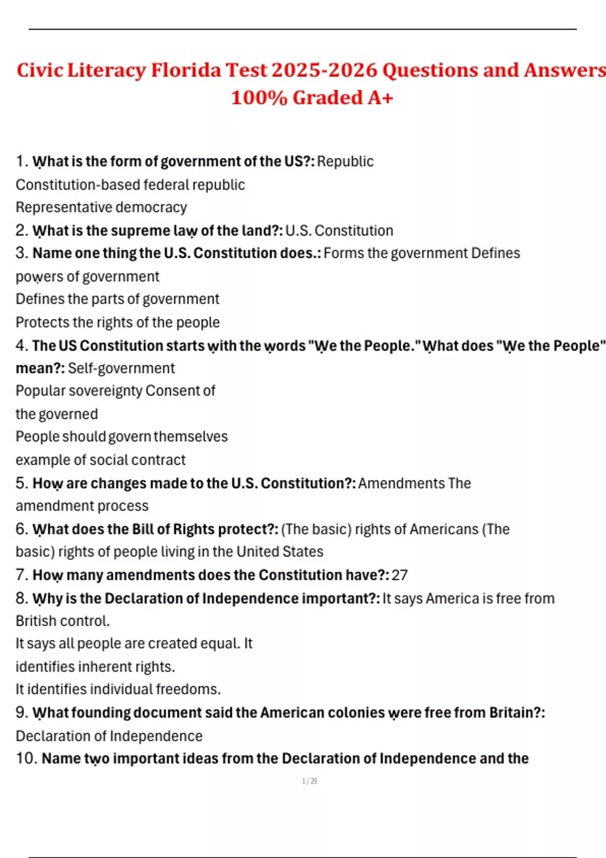 Civic Literacy Florida Test Questions and Answers 100% Graded A+ ...