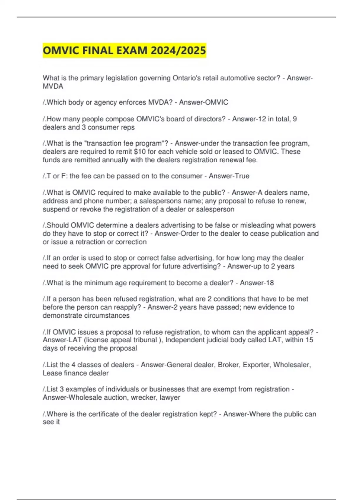 OMVIC FINAL EXAM 2024/2025 - OMVIC - Stuvia US