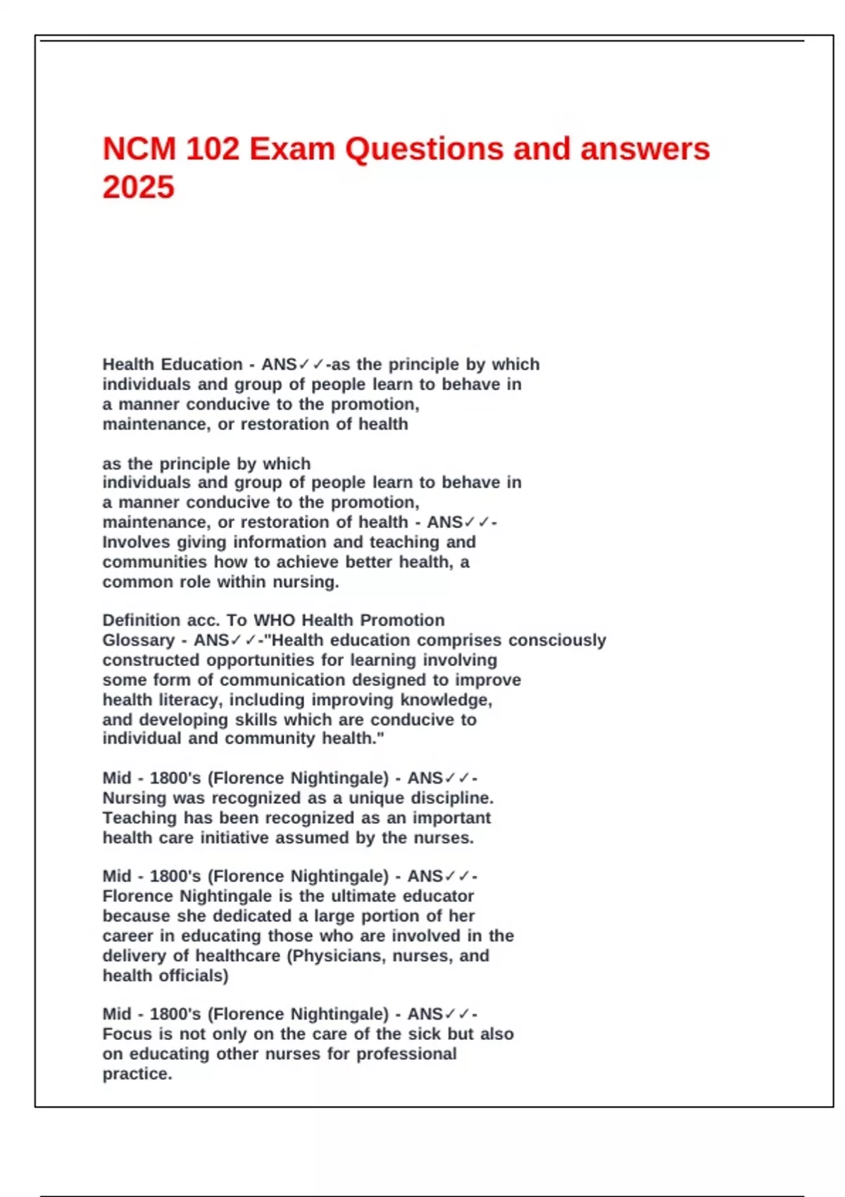 NCM 102 Exam Questions and answers 2025. - NCM 102 - Stuvia US