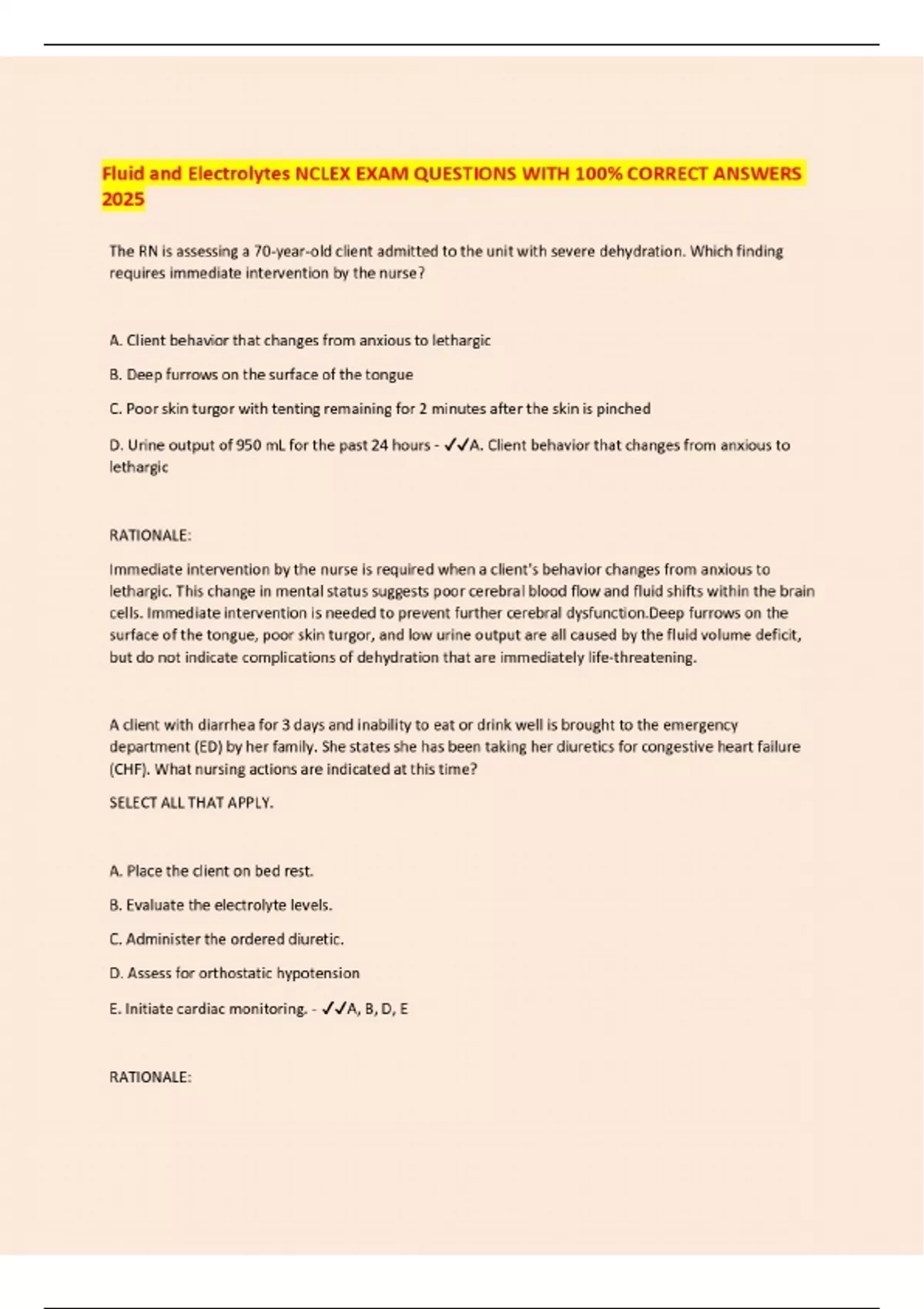 Fluid and Electrolytes NCLEX EXAM QUESTIONS WITH 100% CORRECT ANSWERS ...