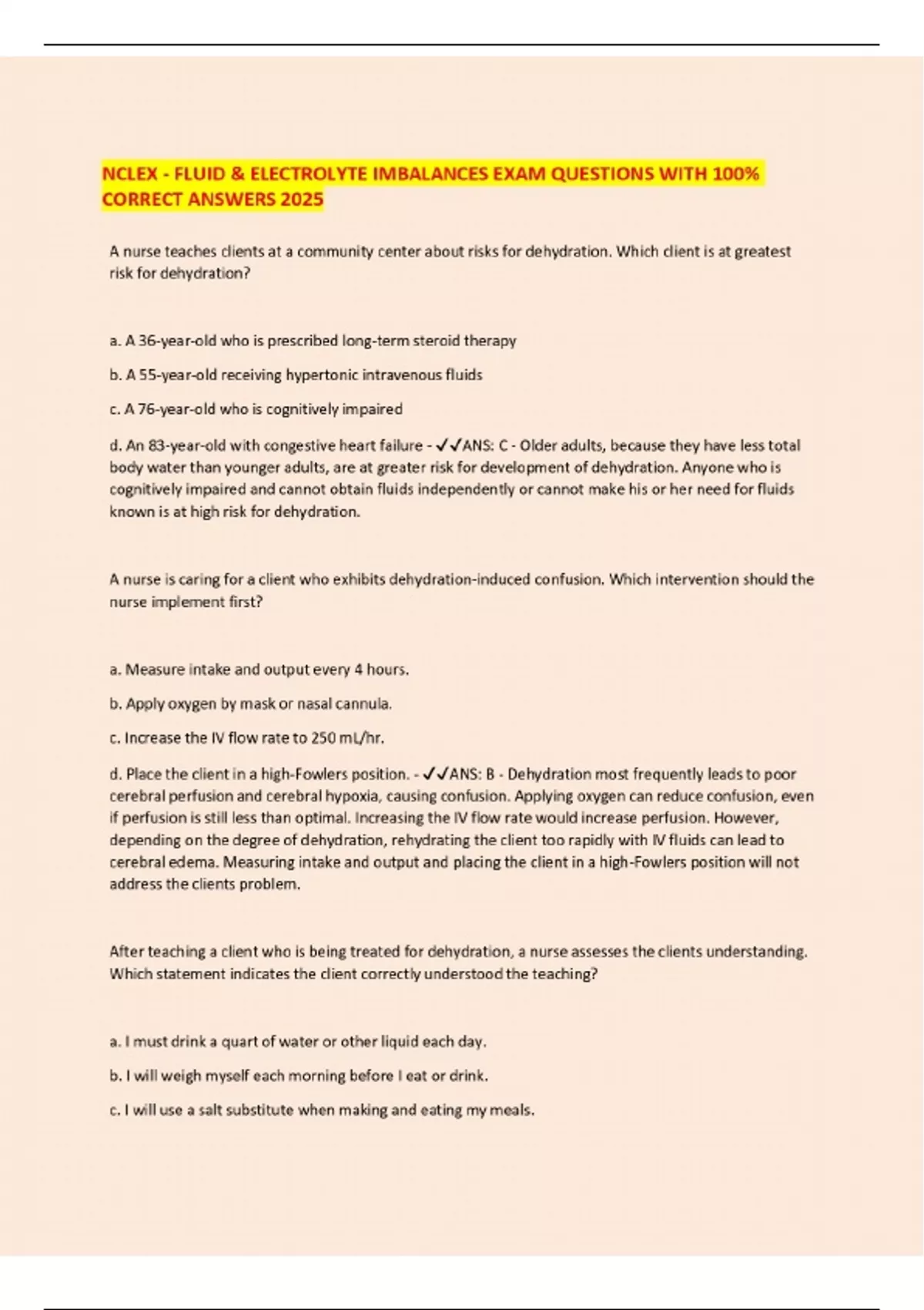 NCLEX - FLUID & ELECTROLYTE IMBALANCES EXAM QUESTIONS WITH 100% CORRECT ...