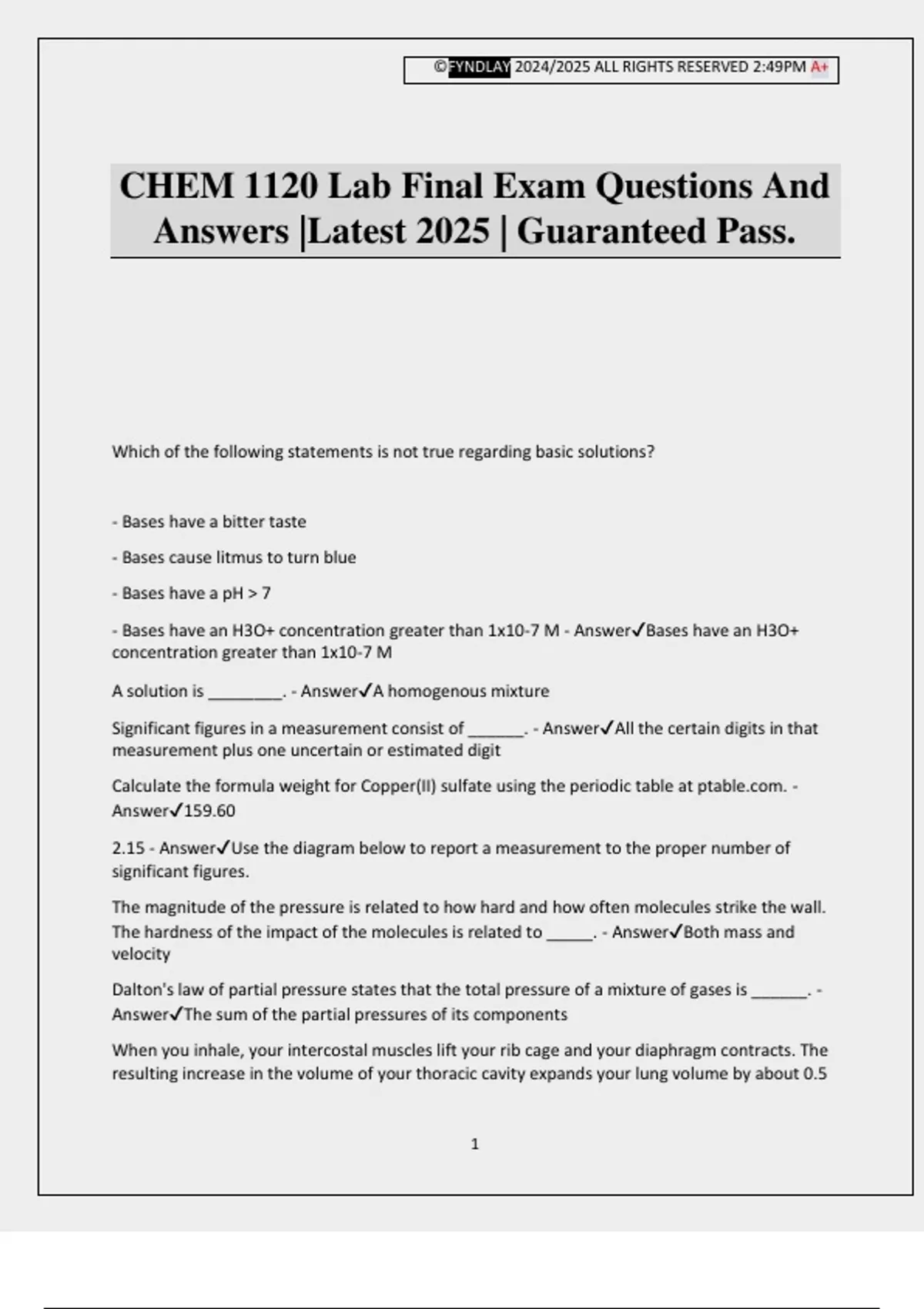 CHEM 1120 Lab Final Exam Questions And Answers |Latest 2025 ...