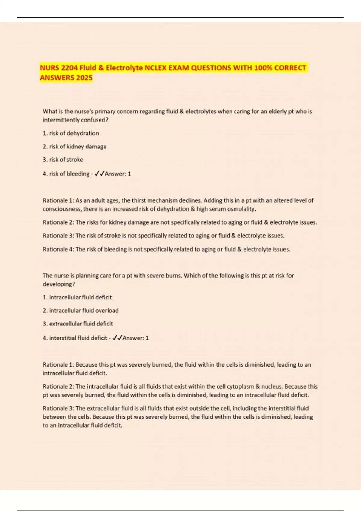 NURS 2204 Fluid & Electrolyte NCLEX EXAM QUESTIONS WITH 100% CORRECT ...