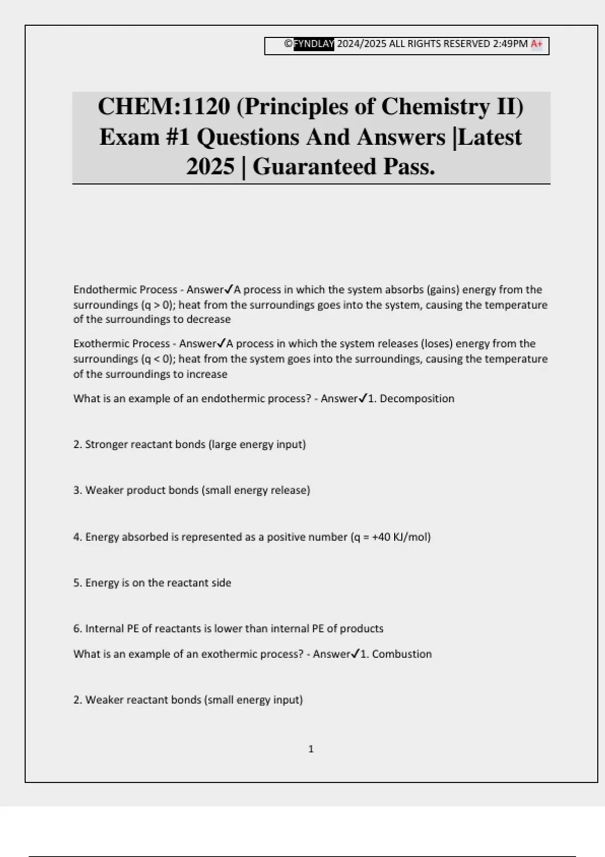 CHEM:1120 (Principles of Chemistry II) Exam #1 Questions And Answers ...