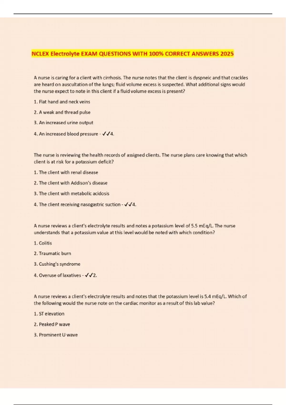 NCLEX Electrolyte EXAM QUESTIONS WITH 100% CORRECT ANSWERS 2025 - Top ...