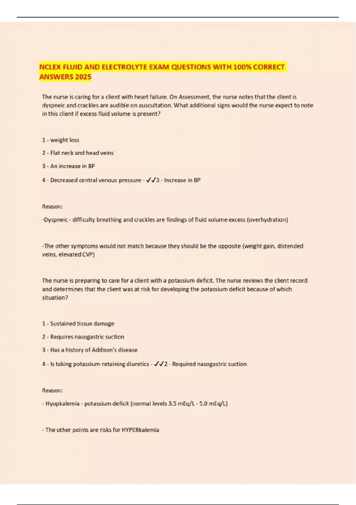 NCLEX FLUID AND ELECTROLYTE EXAM QUESTIONS WITH 100% CORRECT ANSWERS ...