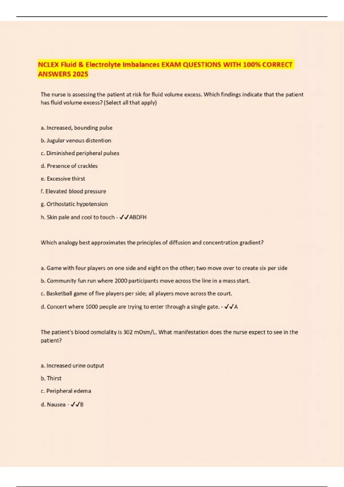 NCLEX Fluid & Electrolyte Imbalances EXAM QUESTIONS WITH 100% CORRECT ...
