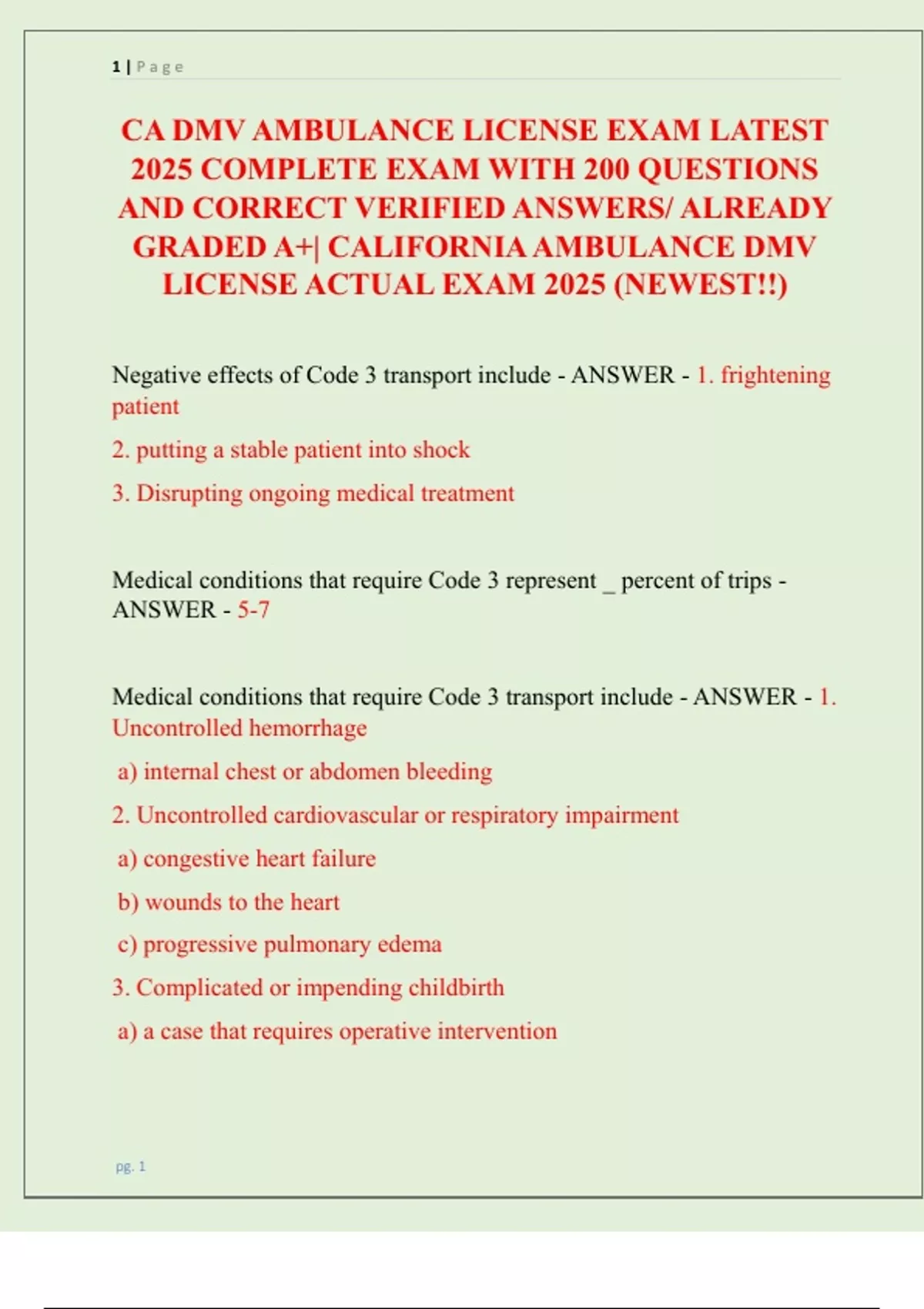 CA DMV AMBULANCE LICENSE EXAM LATEST 2025 COMPLETE EXAM WITH 200 ...