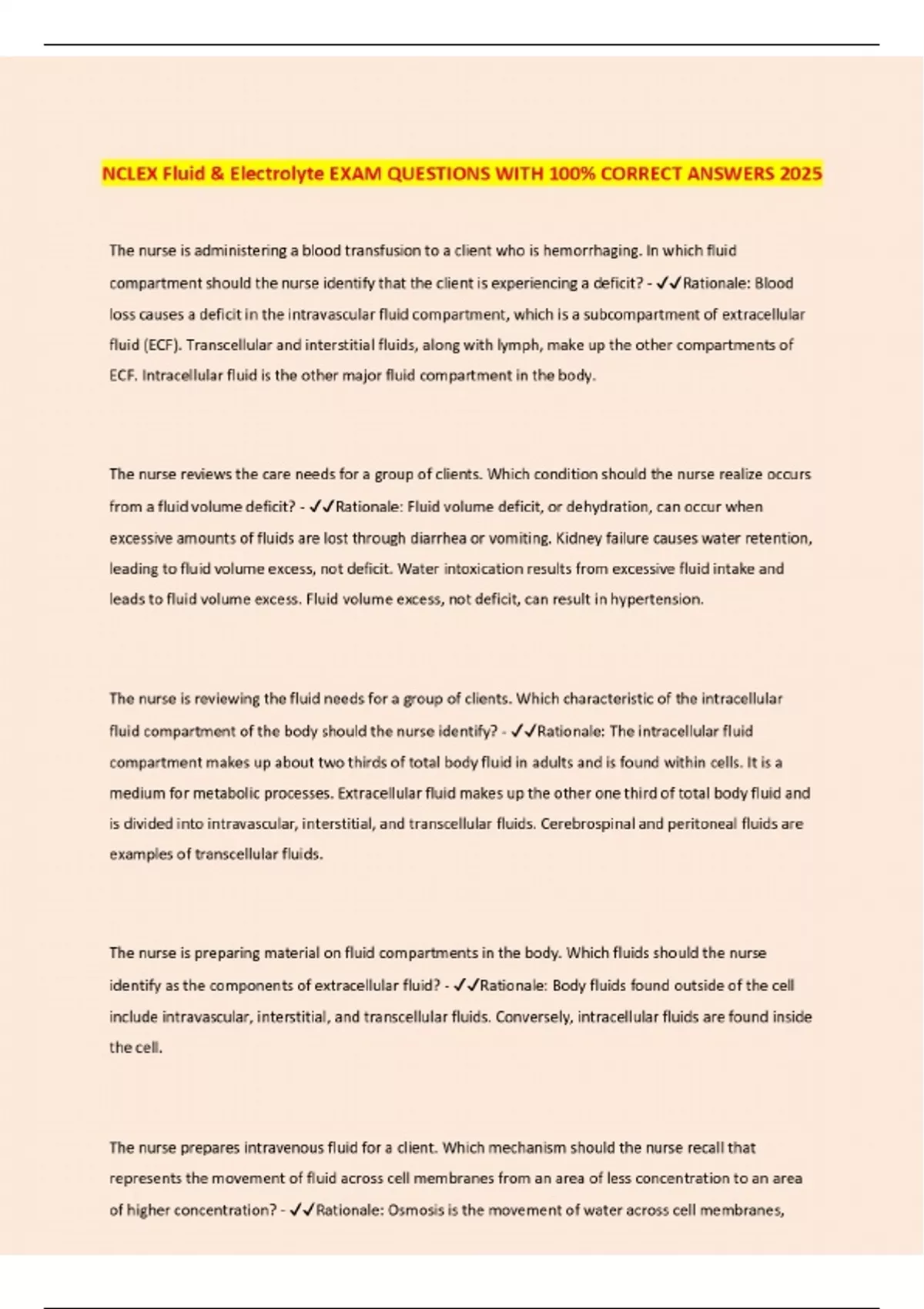 NCLEX Fluid & Electrolyte EXAM QUESTIONS WITH 100% CORRECT ANSWERS 2025 ...