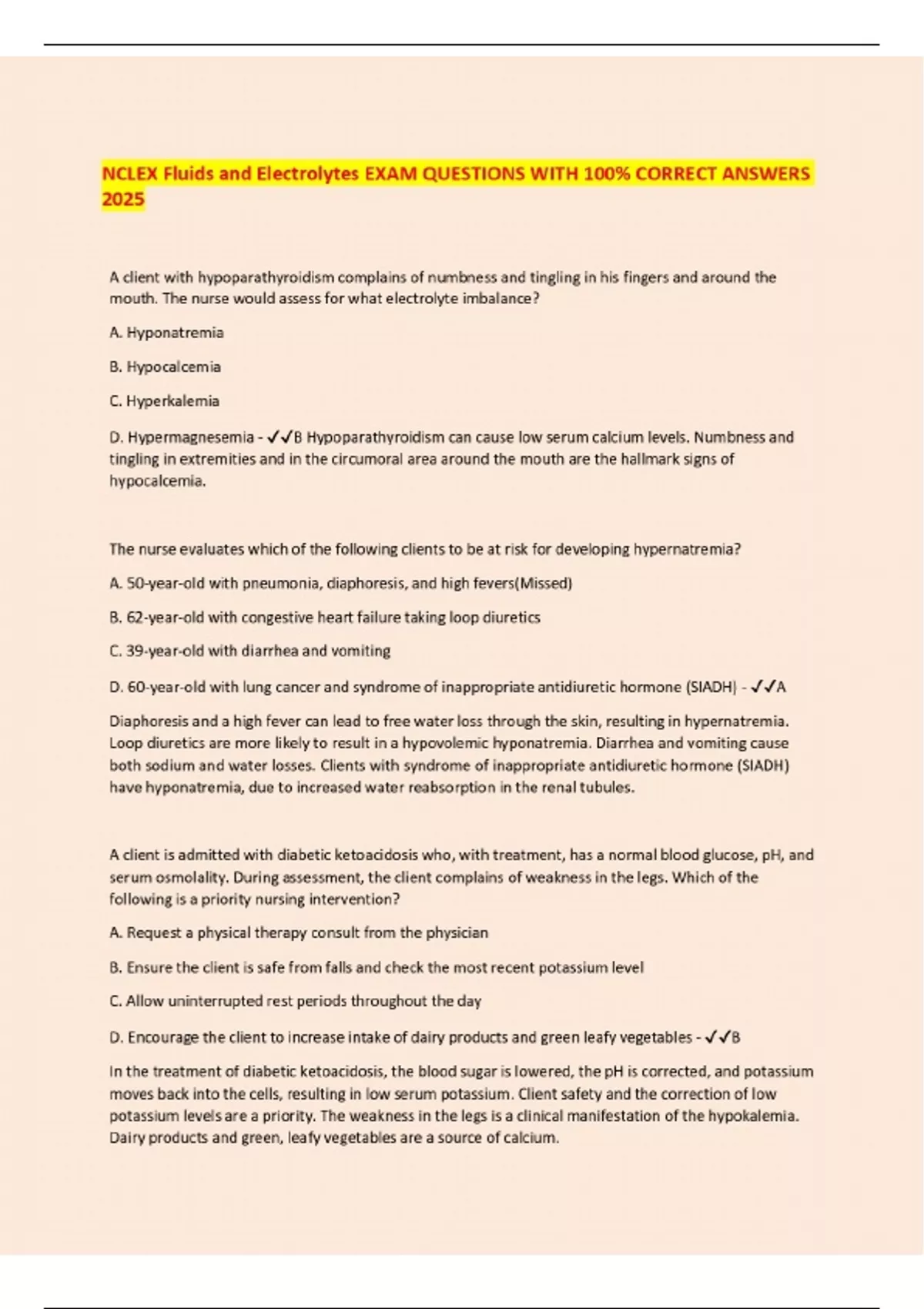 NCLEX Fluids and Electrolytes EXAM QUESTIONS WITH 100% CORRECT ANSWERS ...