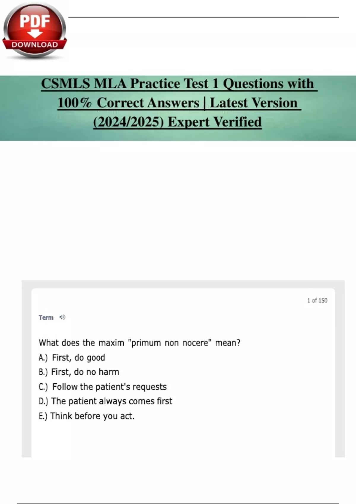 CSMLS MLA Practice Test 1 Questions with 100% Correct Answers | Latest ...