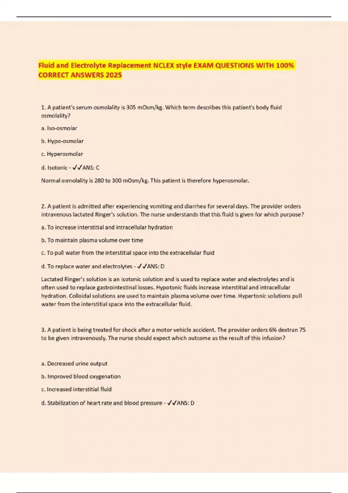 NCLEX - Fluid & Electrolytes EXAM QUESTIONS WITH 100% CORRECT ANSWERS ...