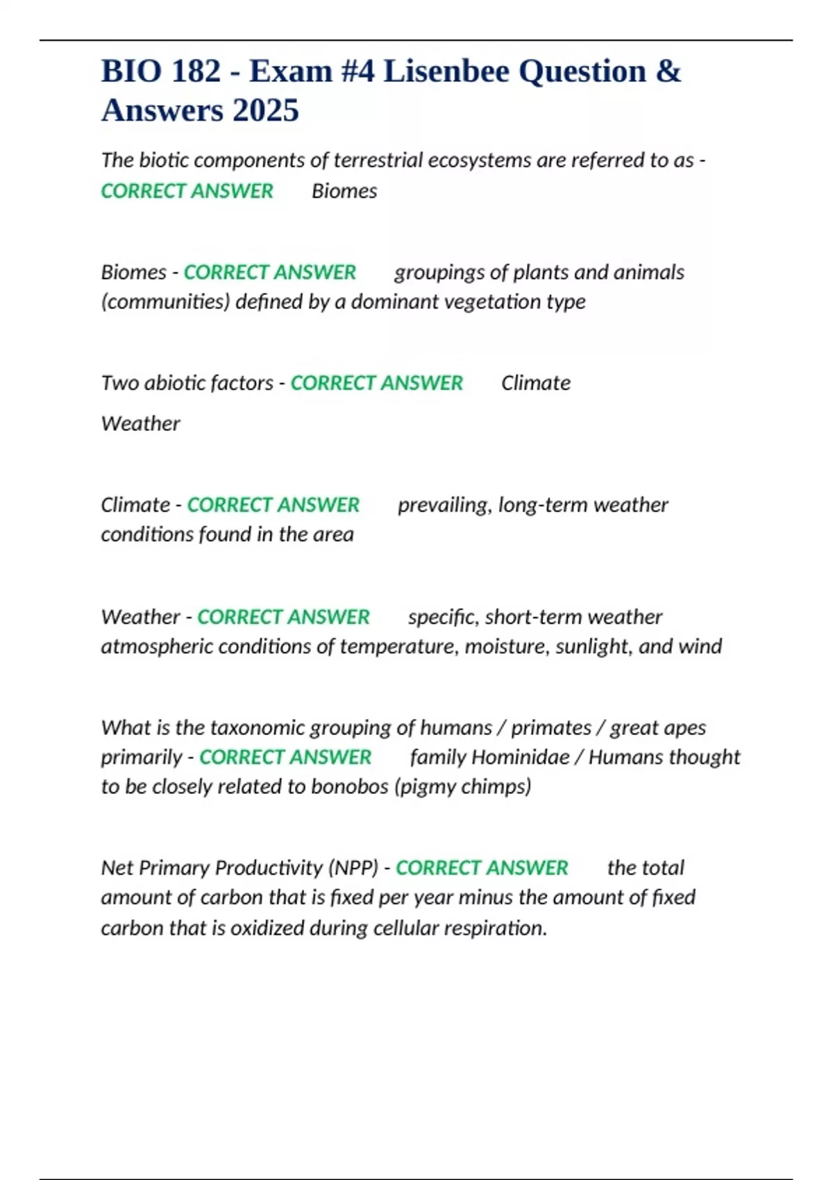 BIO 182 - Exam -4 Lisenbee Question & Answers 2025.docx - BIO 182 - Exa ...