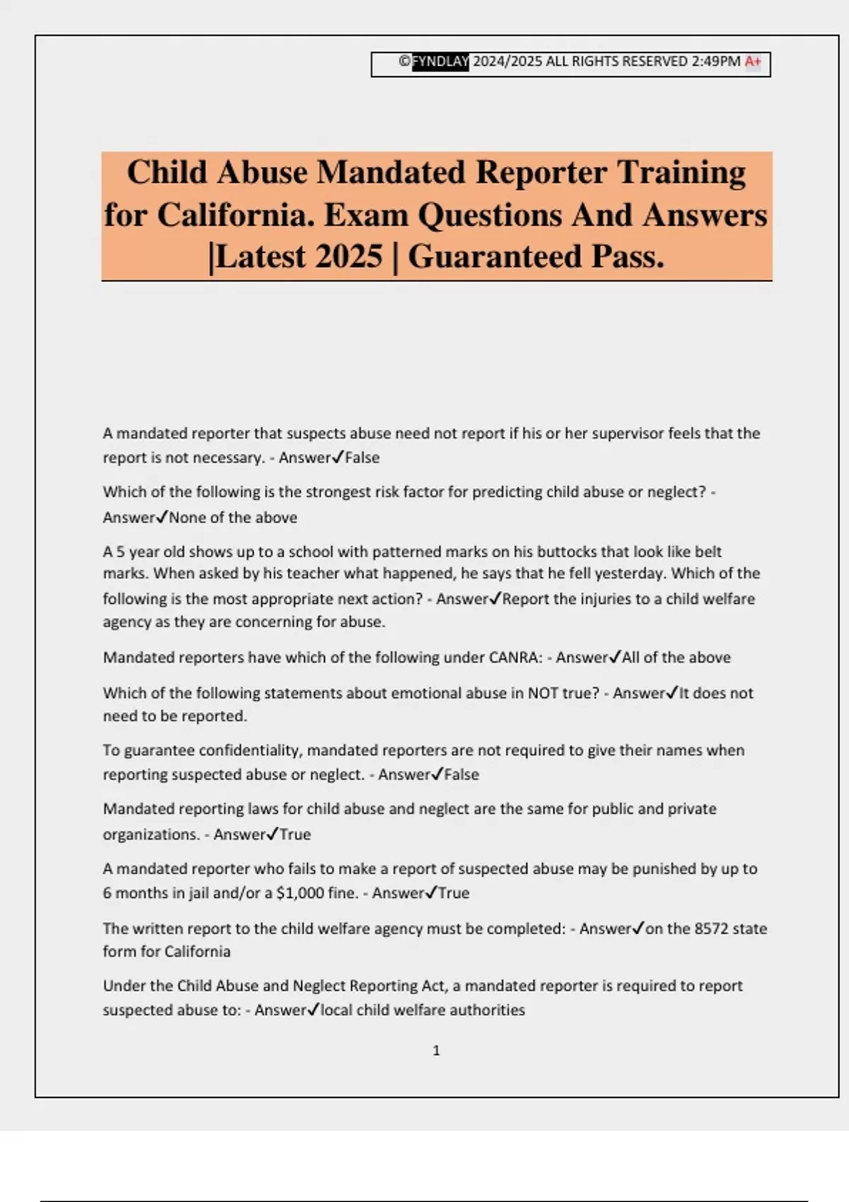 Child Abuse Mandated Reporter Training for California. Exam Questions ...