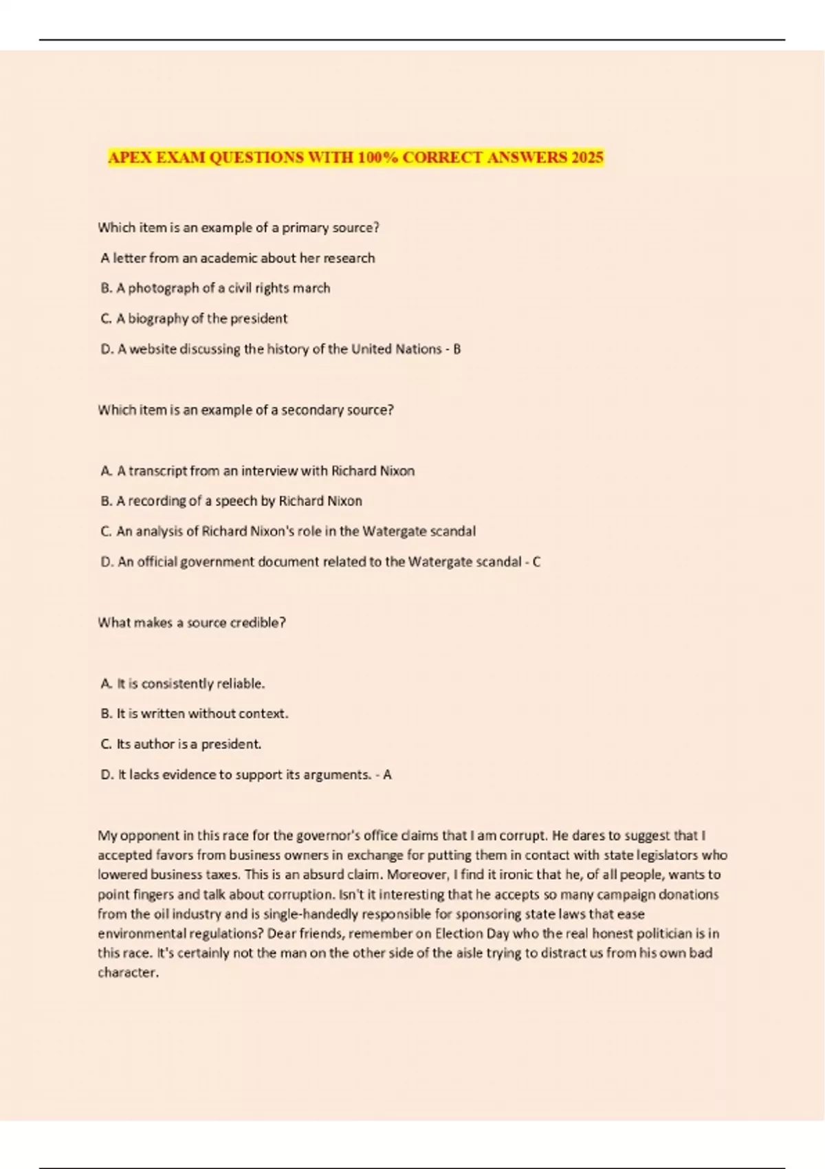AMERICAN GOVERNMENT APEX EXAM QUESTIONS WITH 100% CORRECT ANSWERS 2025 ...