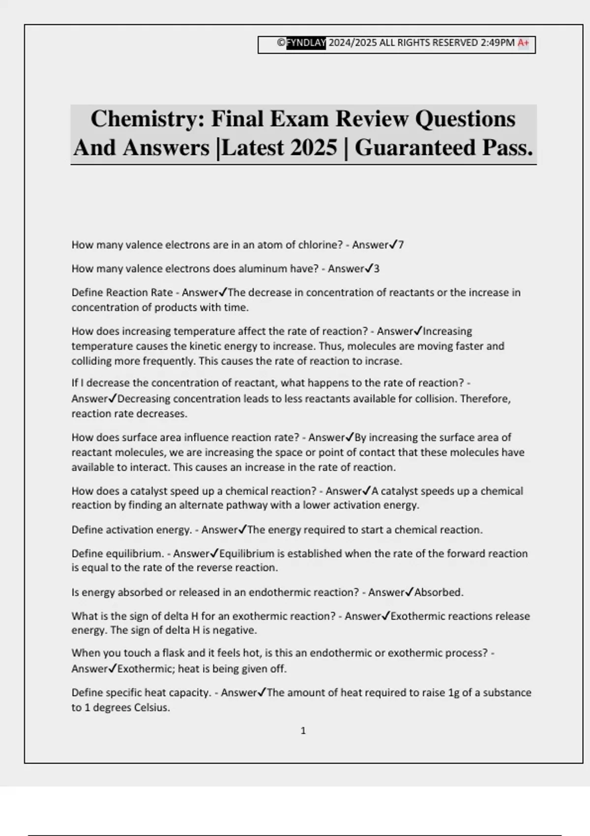 Chemistry: Final Exam Review Questions And Answers |Latest 2025 ...