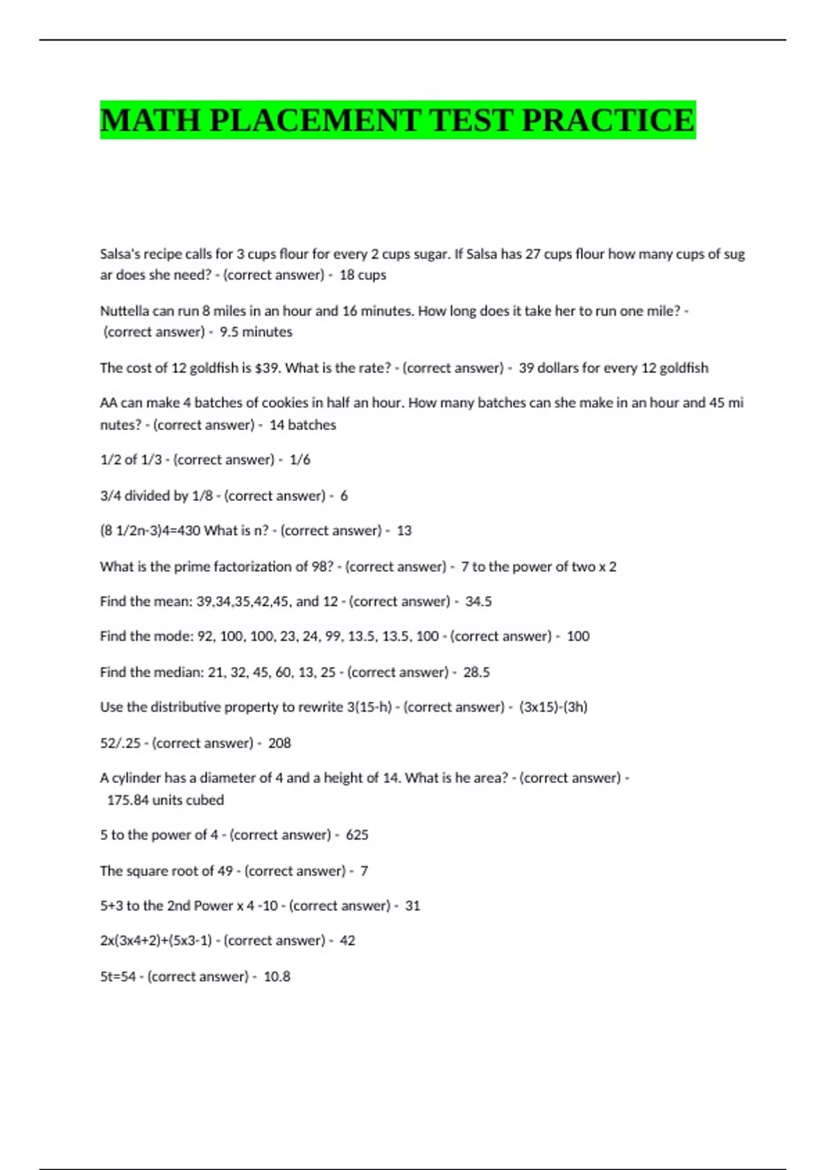 MATH PLACEMENT TEST PRACTICE - Math Placement - Stuvia US