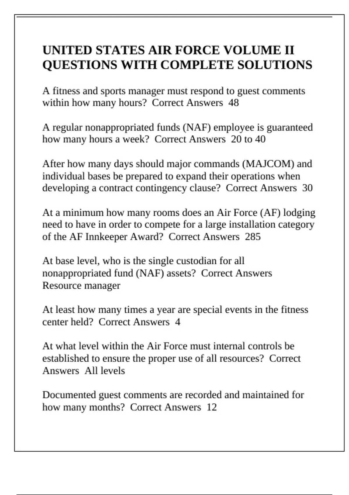 UNITED STATES AIR FORCE VOLUME II QUESTIONS WITH COMPLETE SOLUTIONS ...