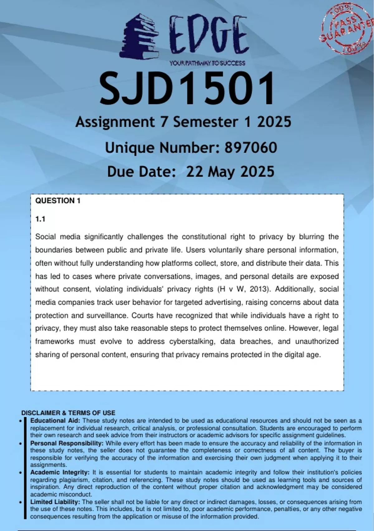 SJD1501 Assignment 7 (ANSWERS) Semester 1 2025 - DISTINCTION GUARANTEED ...