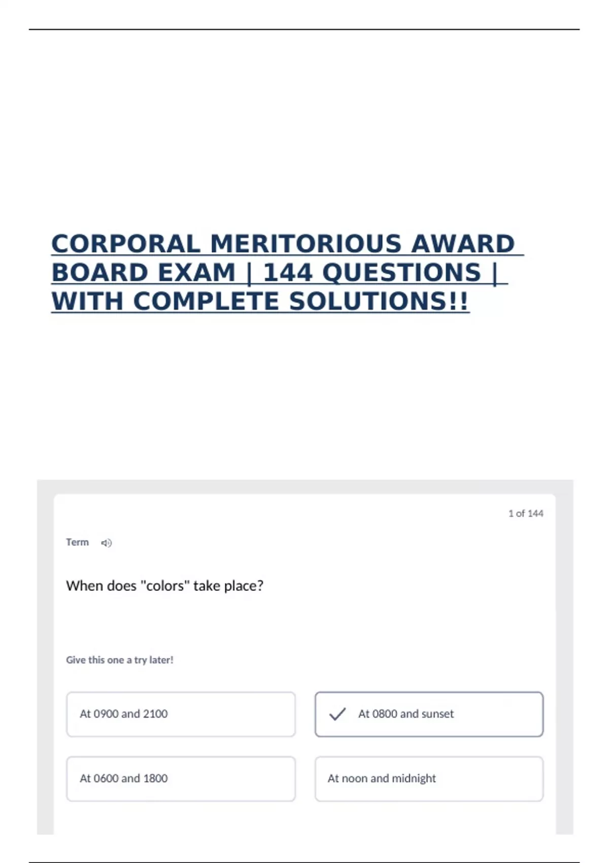 CORPORAL MERITORIOUS AWARD BOARD EXAM | 144 QUESTIONS | WITH COMPLETE ...