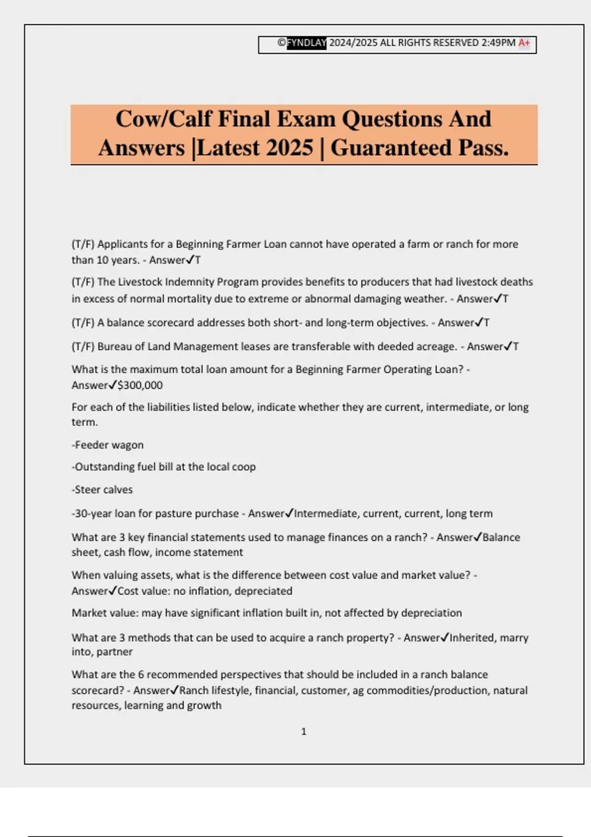 Cow/Calf Final Exam Questions And Answers |Latest 2025 | Guaranteed ...