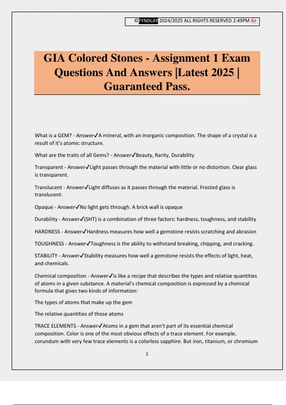 GIA Colored Stones - Assignment 1 Exam Questions And Answers |Latest ...