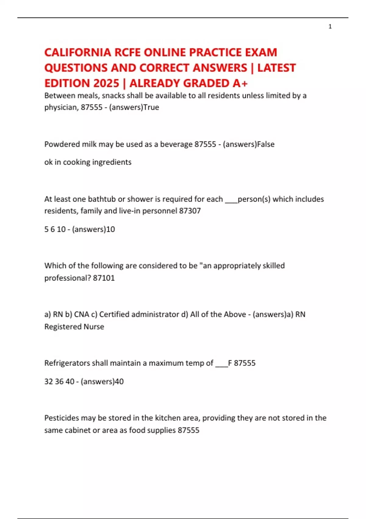 CALIFORNIA RCFE ONLINE PRACTICE EXAM QUESTIONS AND CORRECT ANSWERS ...