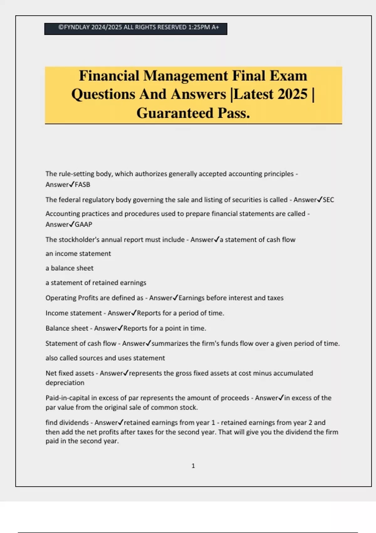 Financial Management Final Exam Questions And Answers |Latest 2025 ...