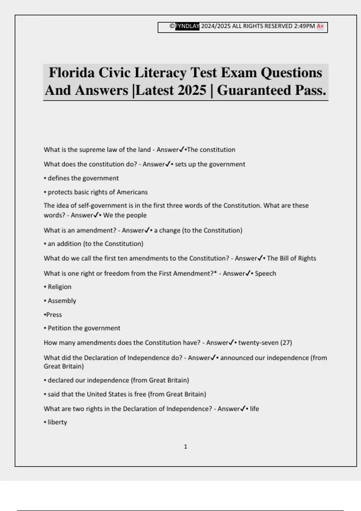 Florida Civic Literacy Test Exam Questions And Answers |Latest 2025 ...