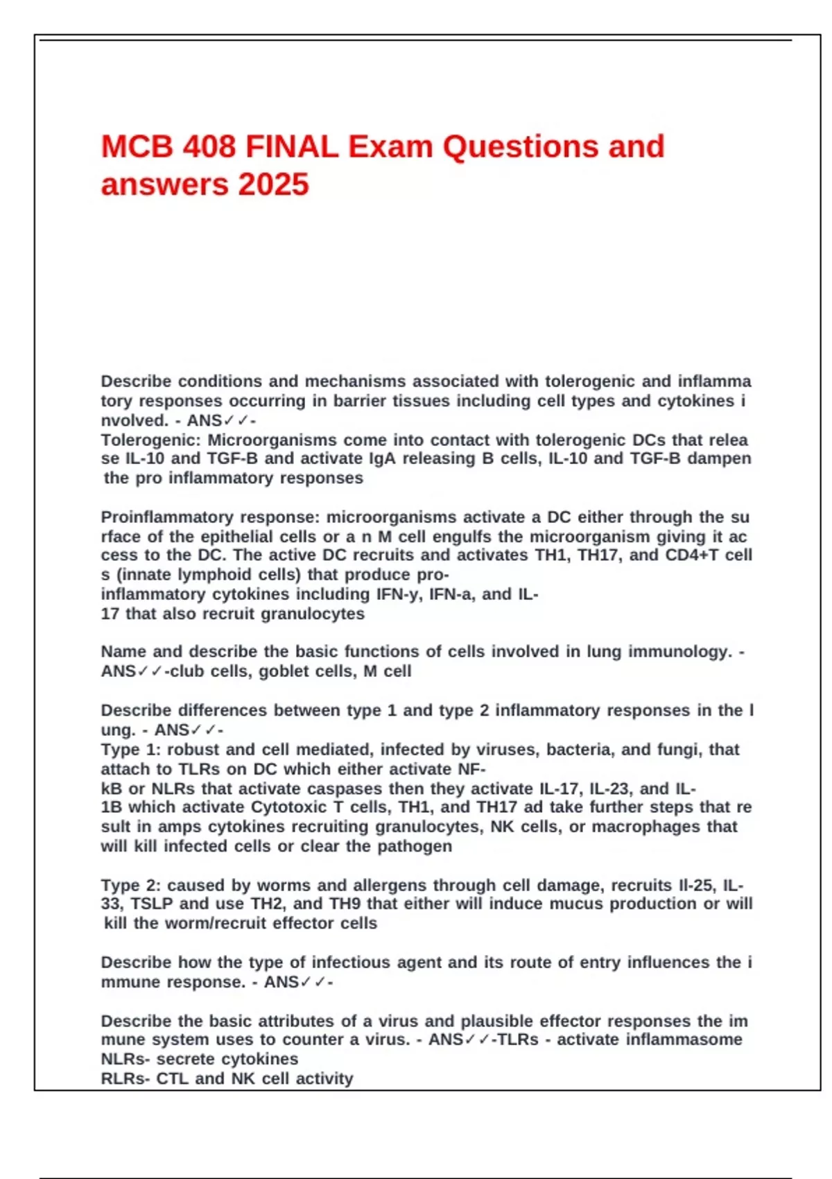 MCB 408 FINAL Exam Questions and answers 2025 - MCB 408 - Stuvia US